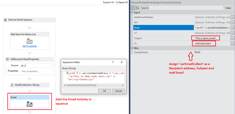How to send an email through Visual Studio workflow in SharePoint Hosted App