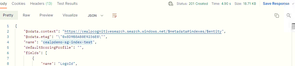 AZURE COGNITIVE SEARCH: Create Index through Postman