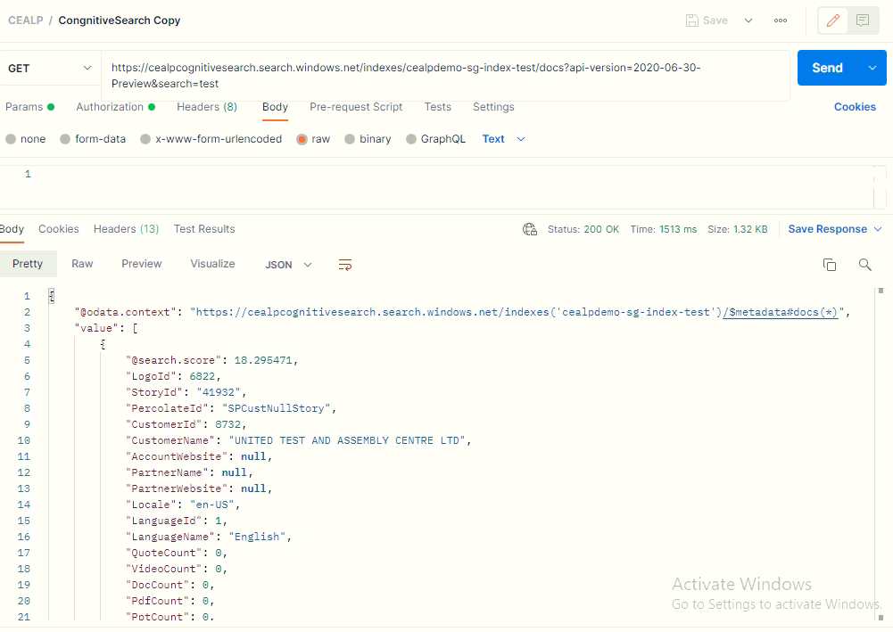 AZURE COGNITIVE SEARCH: Text Search through POSTMAN