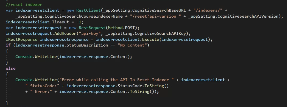 Refresh datasource, reset and run indexer using .NET Core and RestSharp